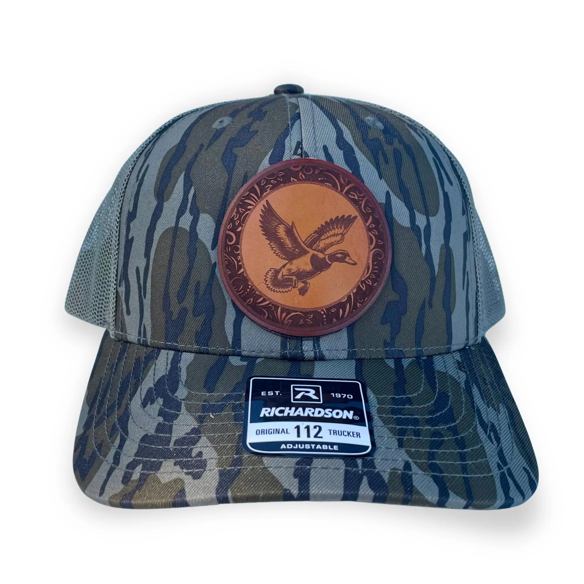 Mossy Oak Bottomland Camo Hat with Leather Mallard Patch – Rustic Pines ...